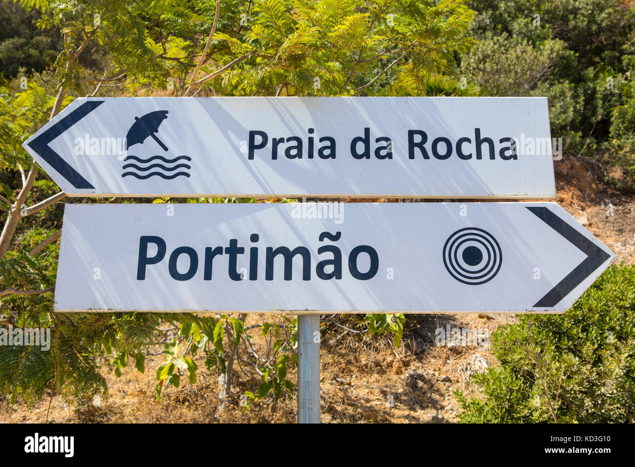Direction signs for Praia da Rocha and the town of Portimao in the ...