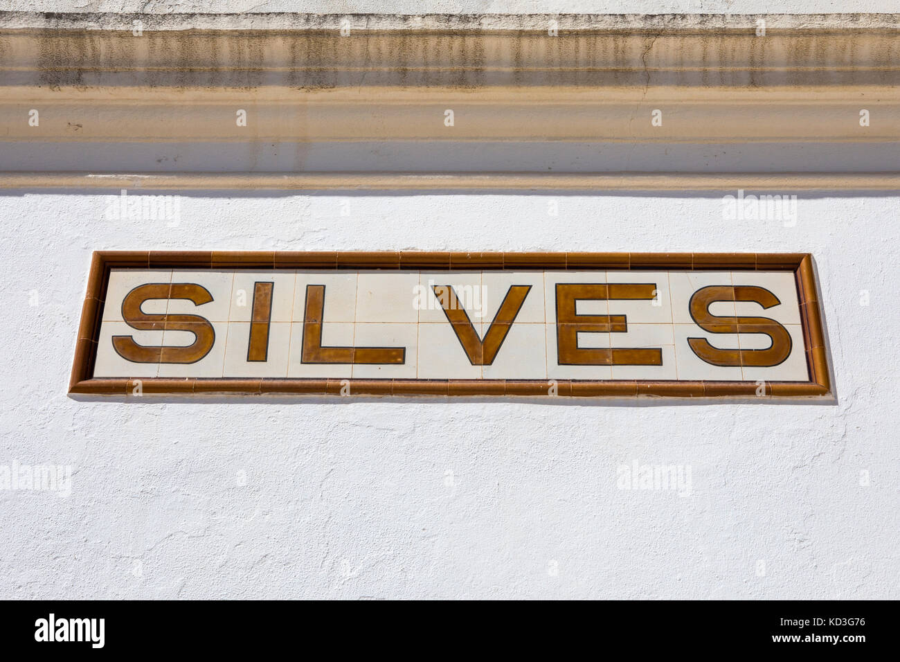 A sign for the historic town of Silves, located in the Algarve region ...