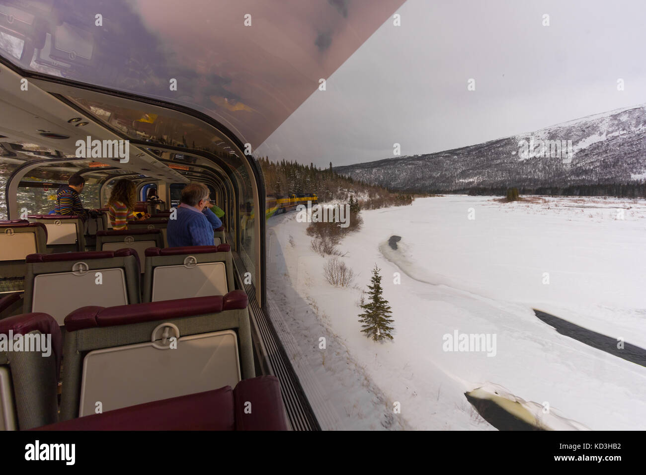 Denali, Alaska May 18, 2013: Tourist aboard the Alaska Railroad enjoy ...
