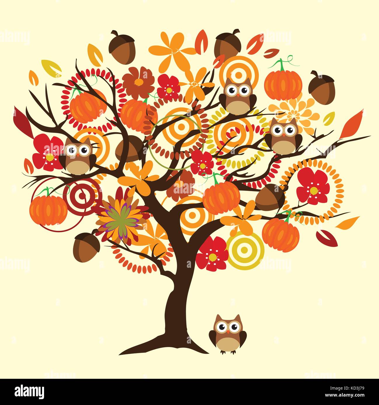 vector illustration of a fall tree with autumn elements and animals ...
