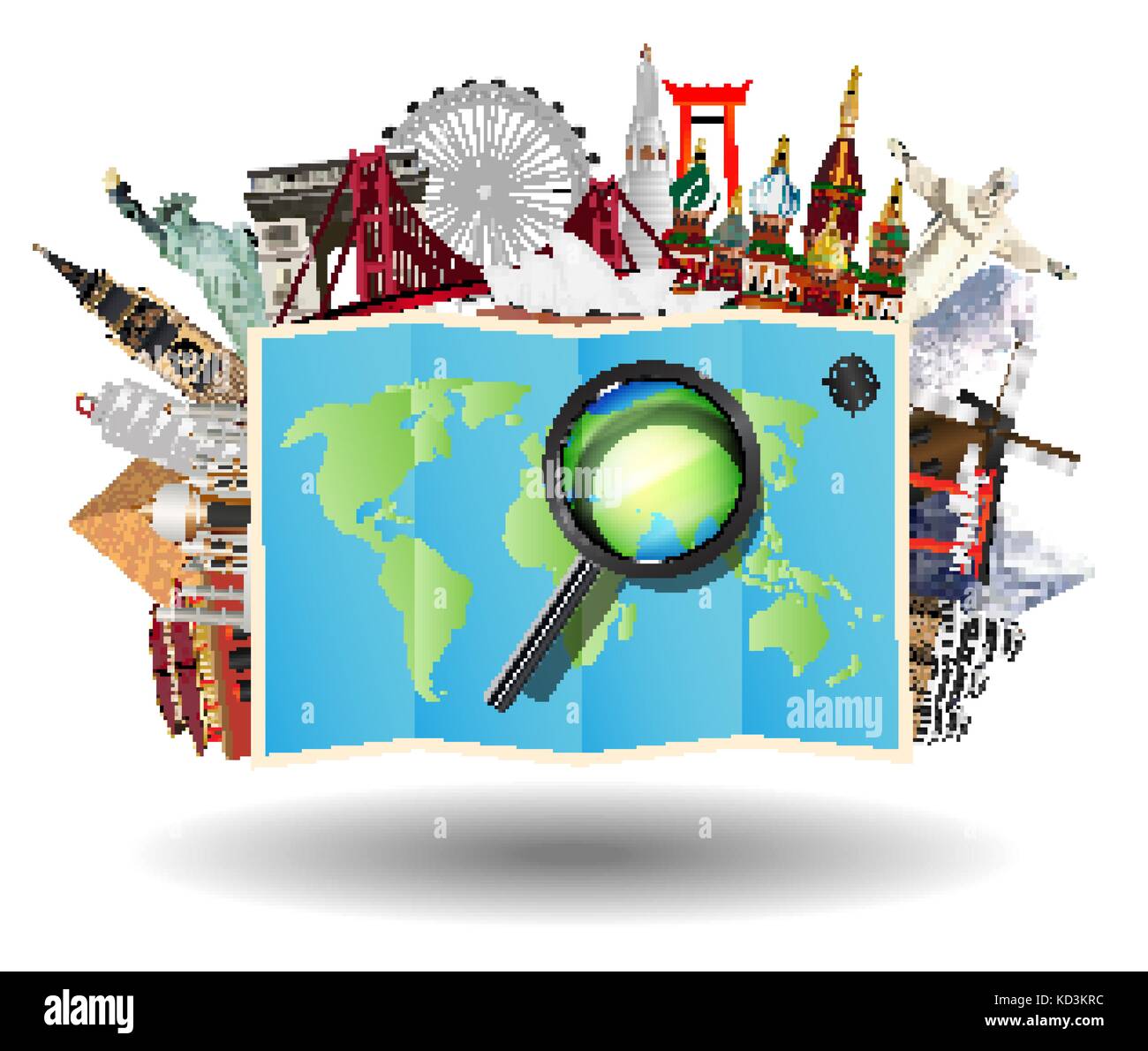 magnifying glass on map with world travel landmark Stock Vector Image ...