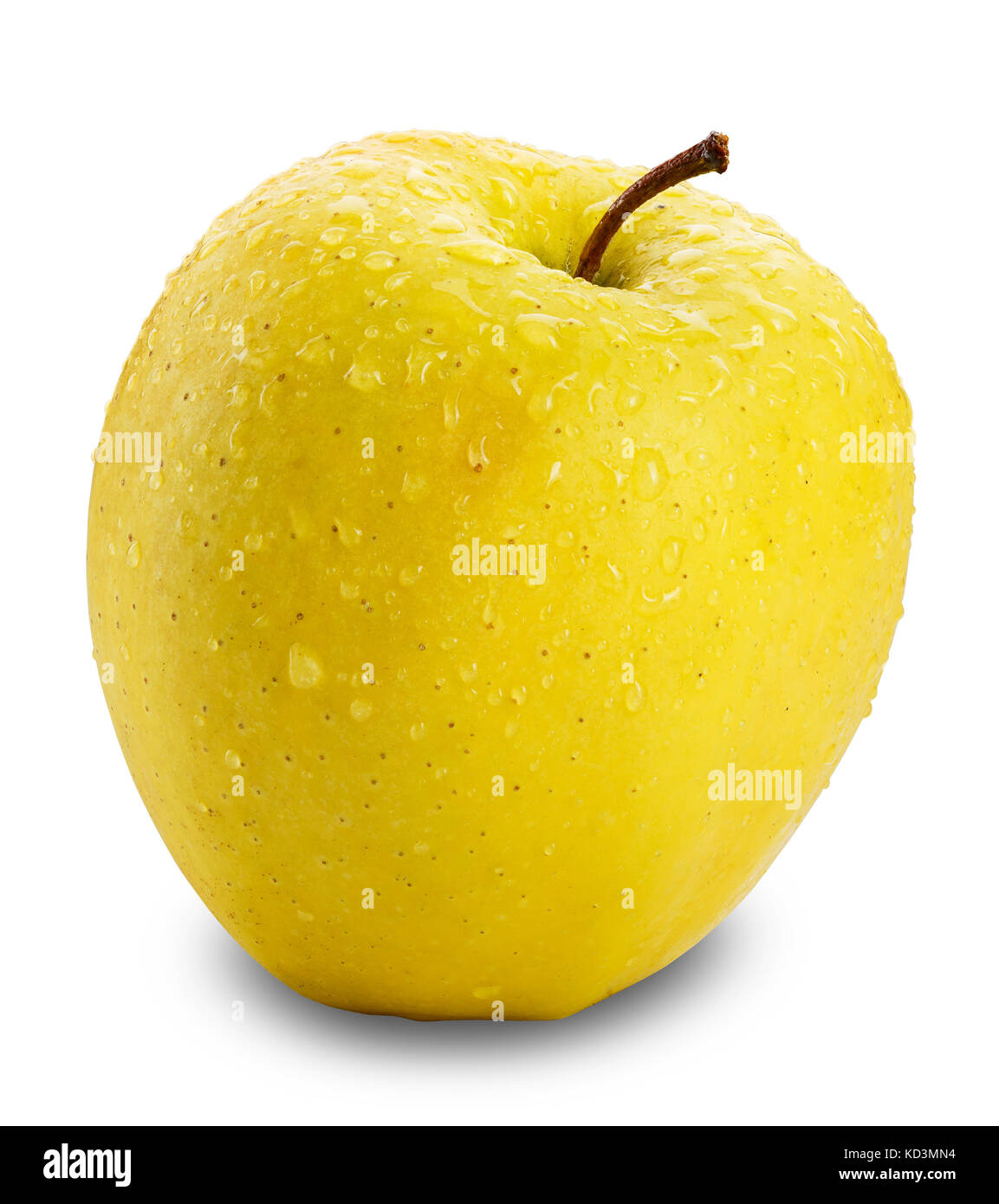 Yellow apple with water drop and leaf isolate on white with clipping ...