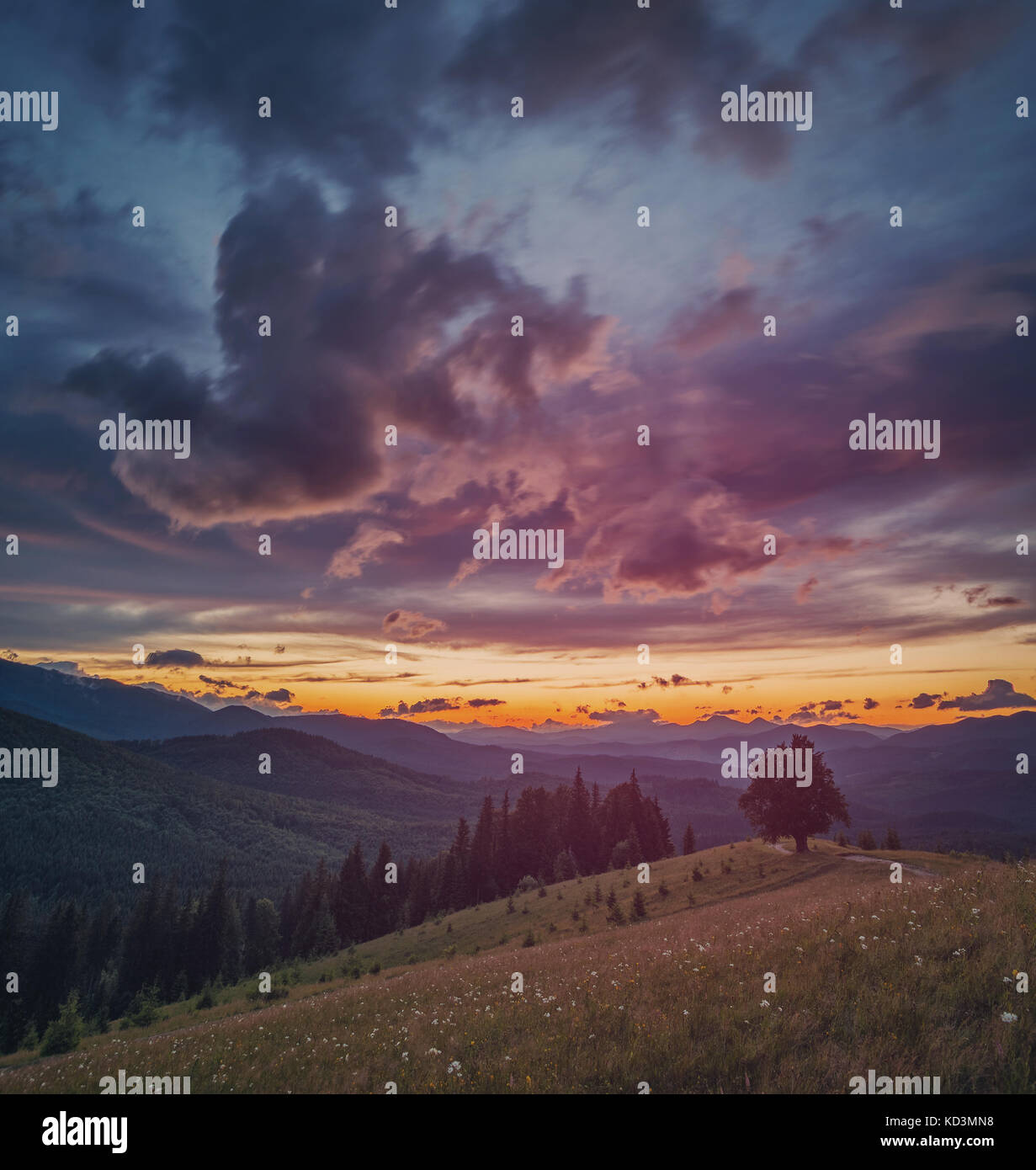 Fantastic evening landscape in a colorful sunlight. Mountain landscape ...