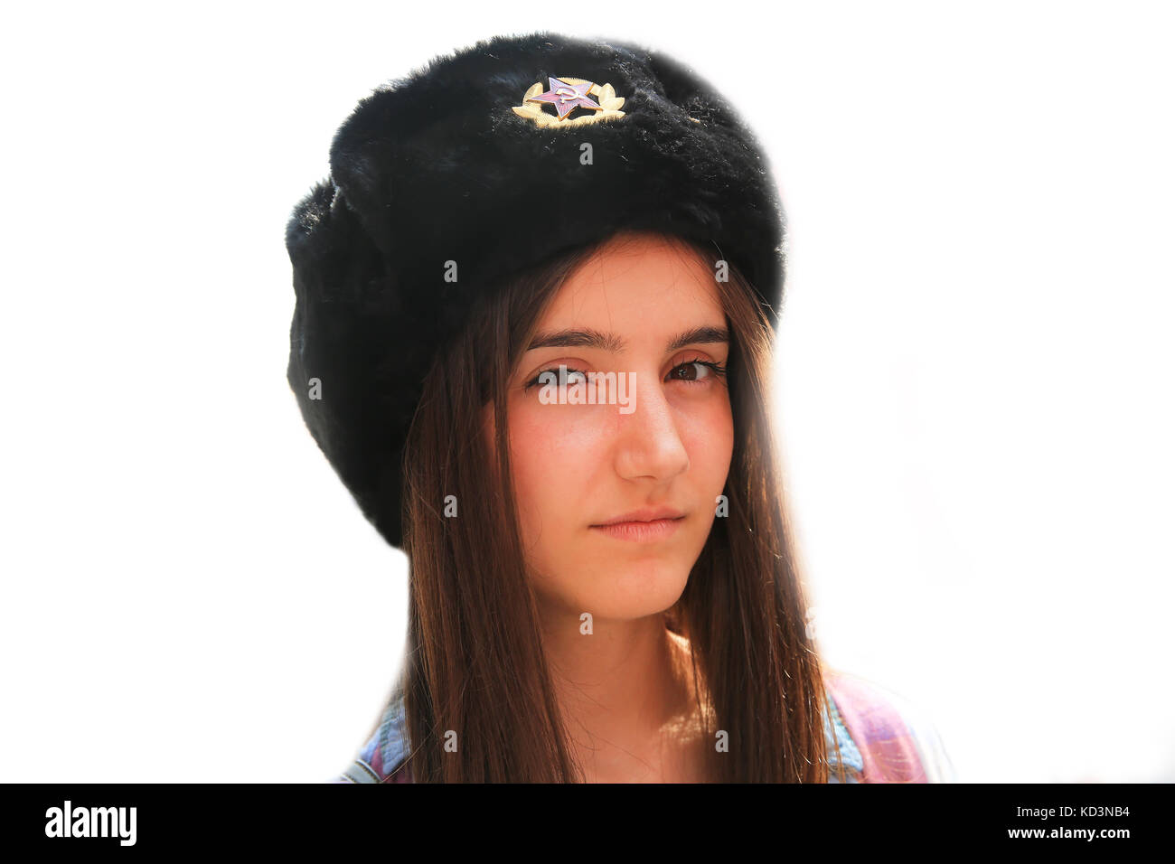 Beautiful girl with a Soviet Union hat isolated on the white Stock ...