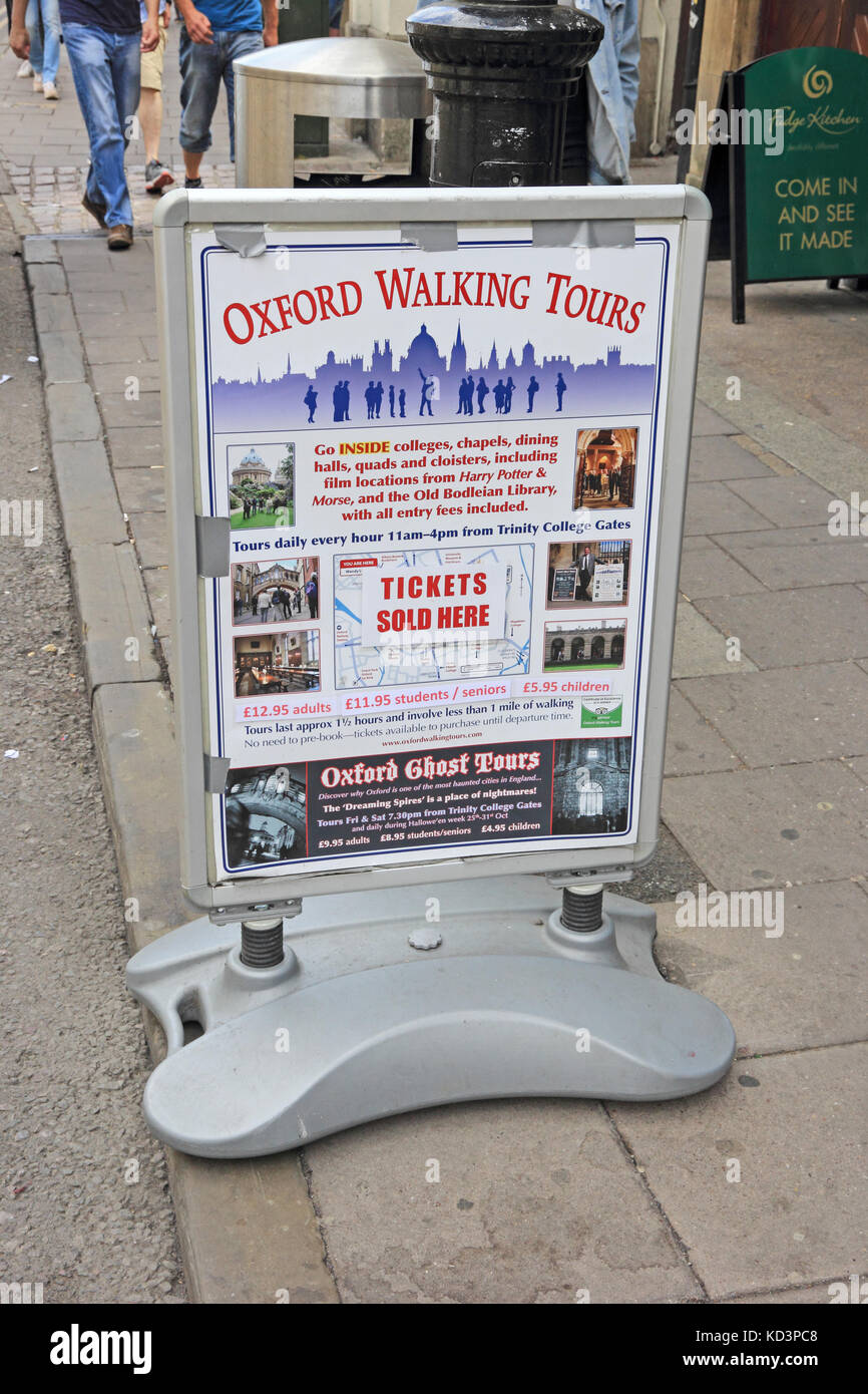 Sign advertising Oxford Walking Tours, on pavement, Oxford, UK Stock ...