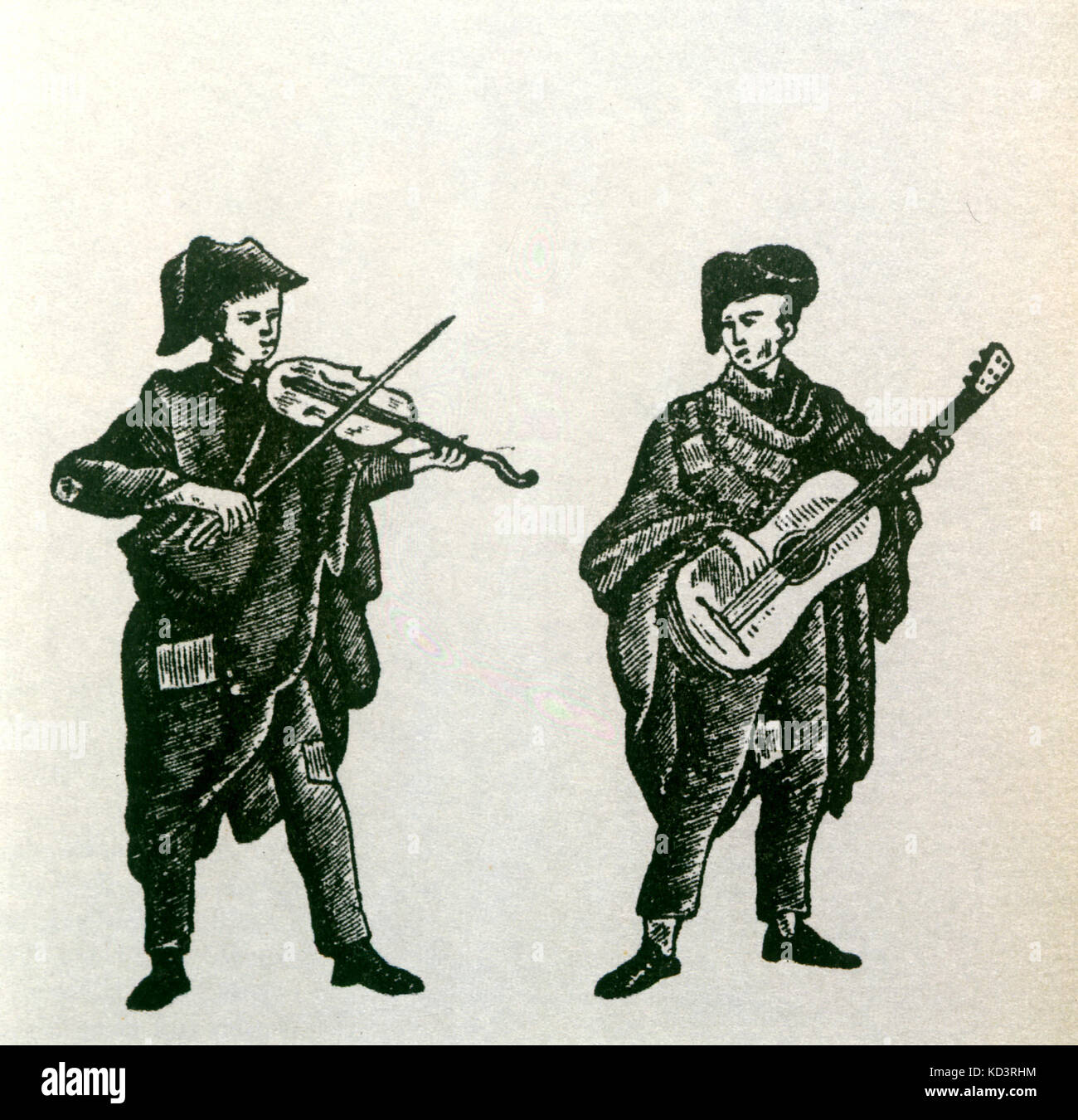 Spanish musicians playing vihuela and fiddle (19th century Stock Photo ...