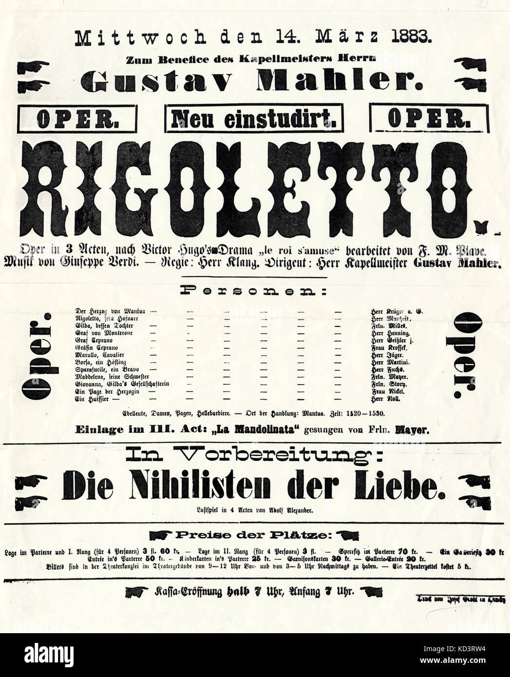 Poster advertising Gustav Mahler conducting Verdi's Rigoletto. Vienna ...