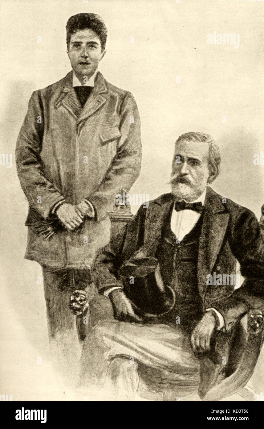 VERDI, seated with hat in hand with Mascagni standing beside him ...