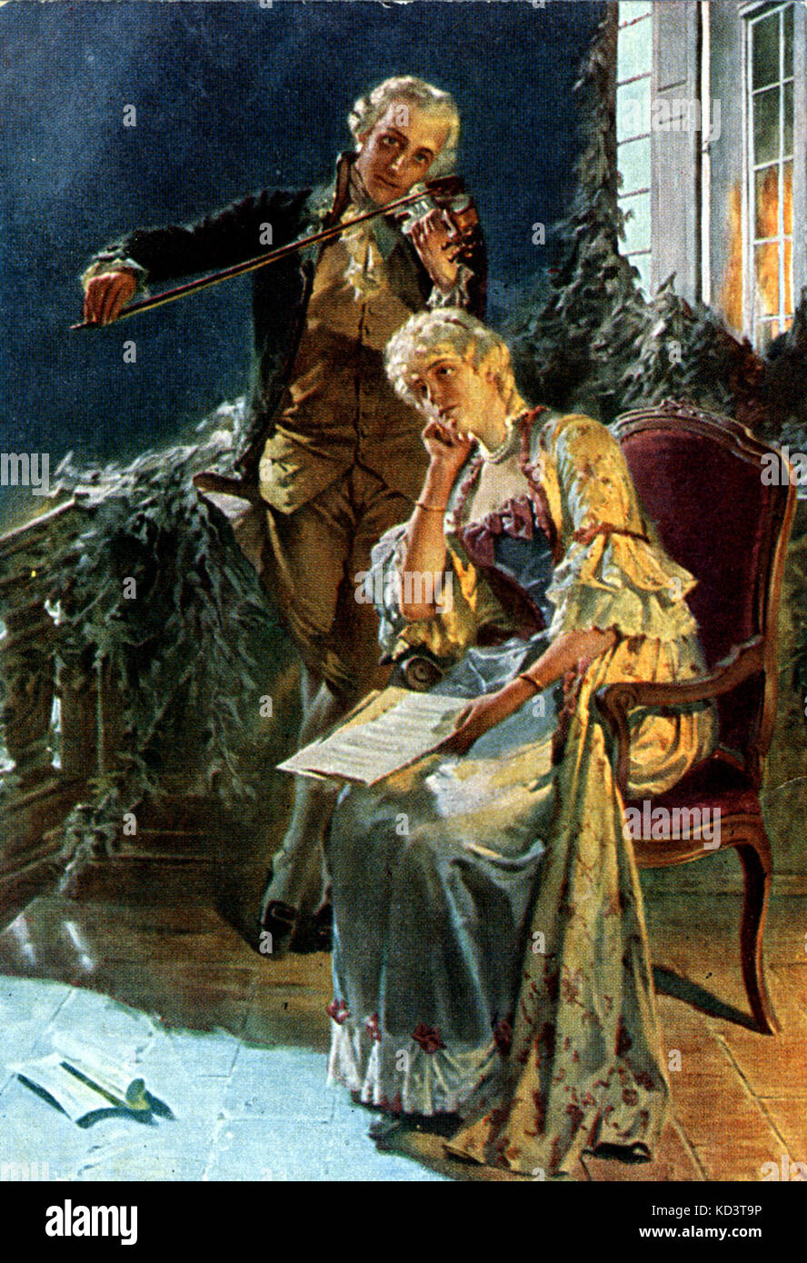 Wolfgang Amadeus Mozart serenading his first love on the violin, by H ...