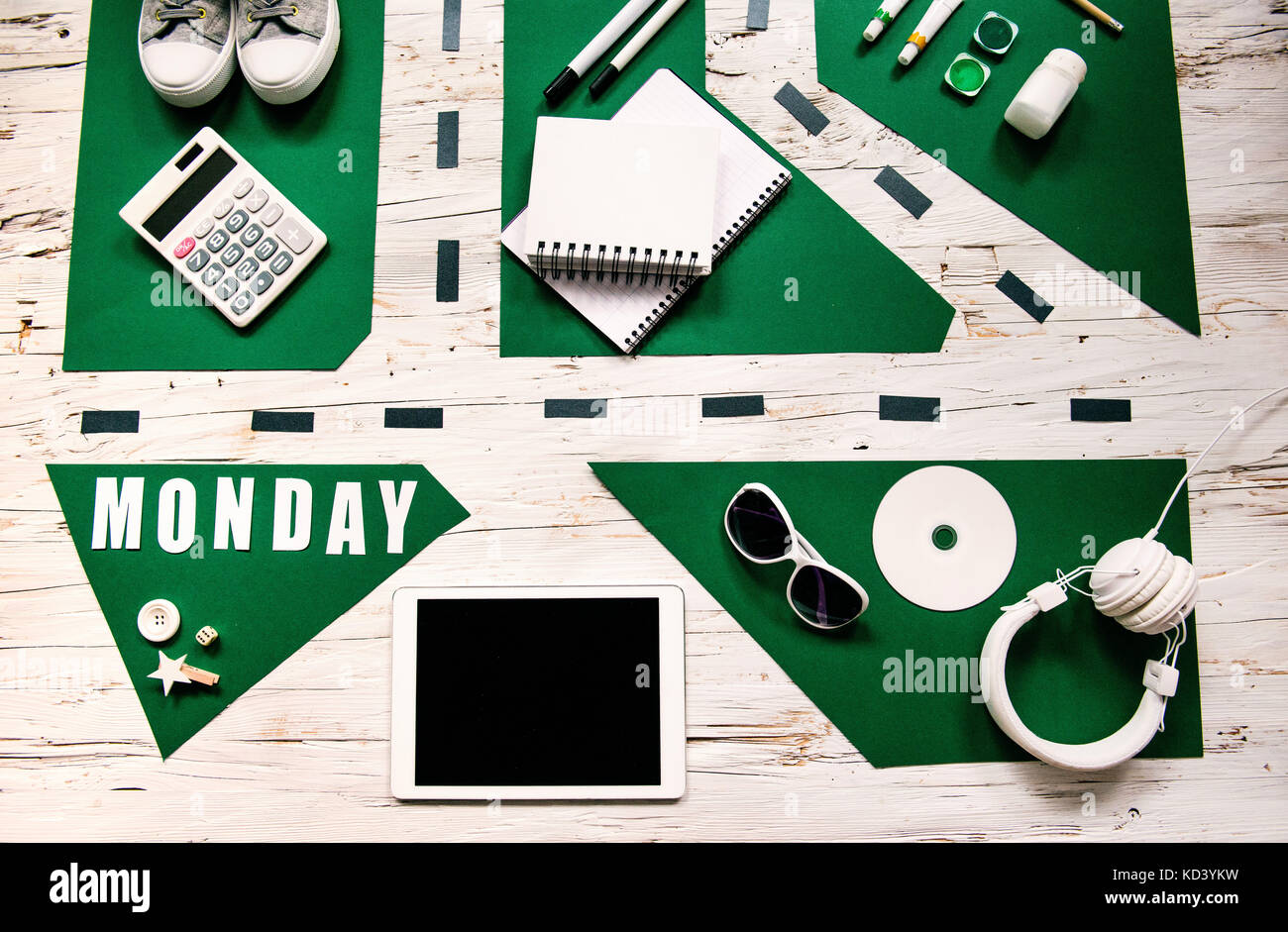 Desk with school supplies. Studio shot on white wooden background Stock ...