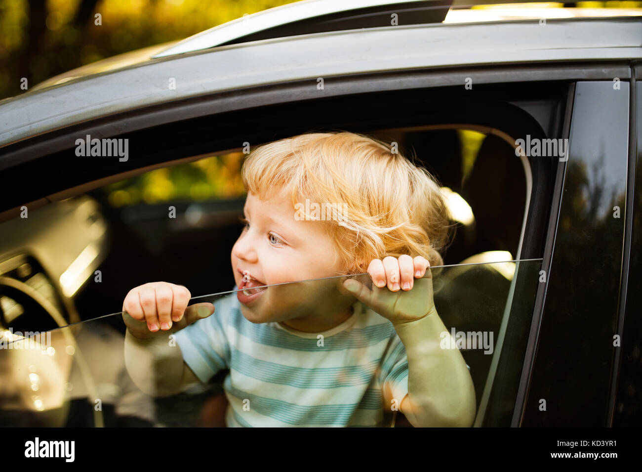 Cute little boy playing in the car, looking out of window Stock Photo ...