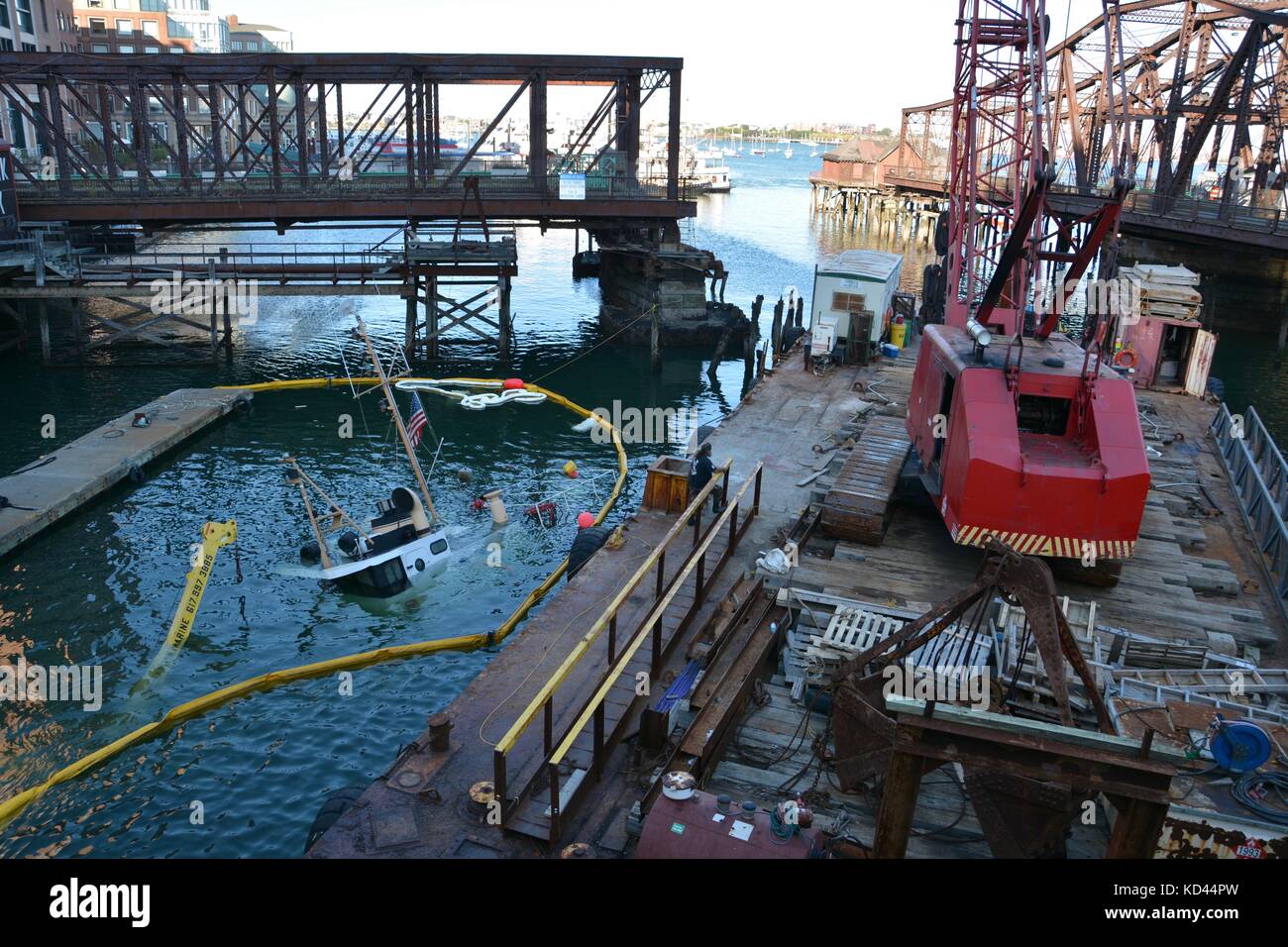 A sunken ship in the Fort Point Channel, Boston, Massachusetts, USA ...