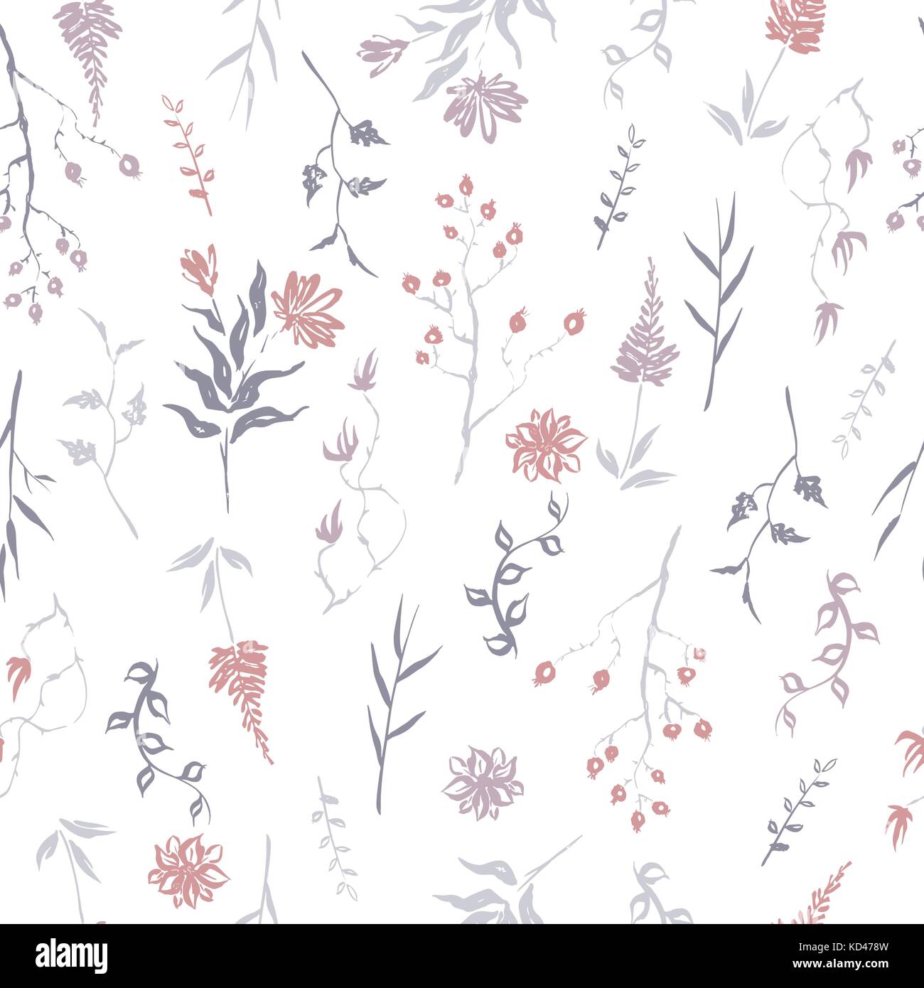 Seamless patterm based on color hand painted ink leaves, flowers and ...