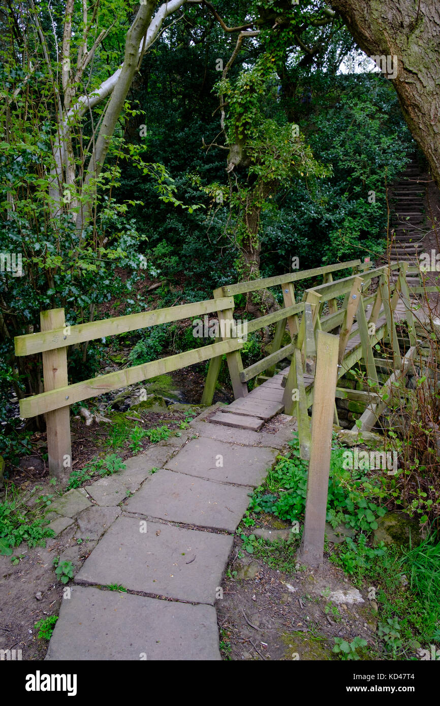 Wooden bridge carrying footpath over stream running from Agden ...