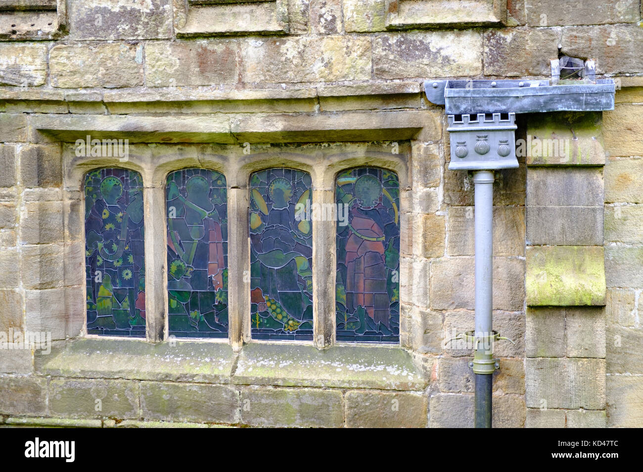 Stained glass windows detail from St. Nicholas Church, High Bradfield, Peak District, UK Stock ...