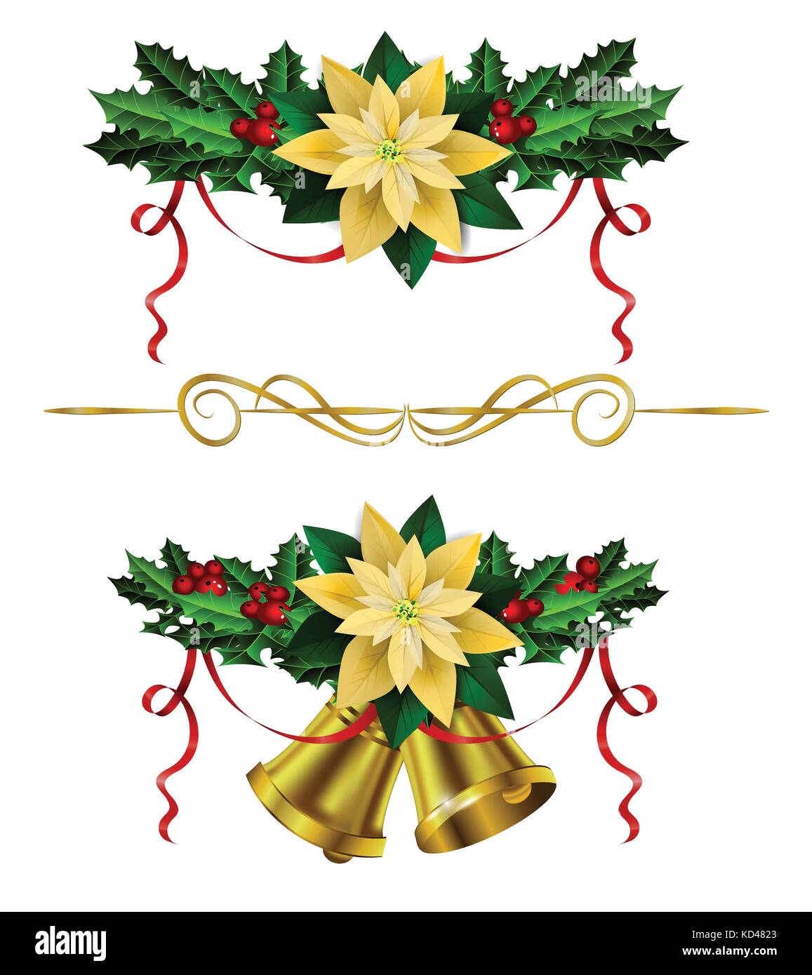 Christmas decoration set with evergreen trees holly poinsettia and ...