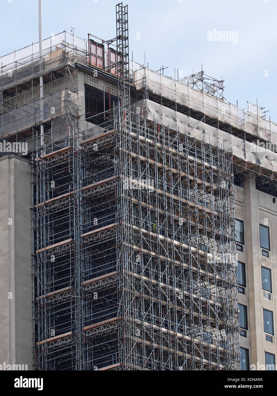 Extensive scaffolding providing access for work in progress on a tower ...