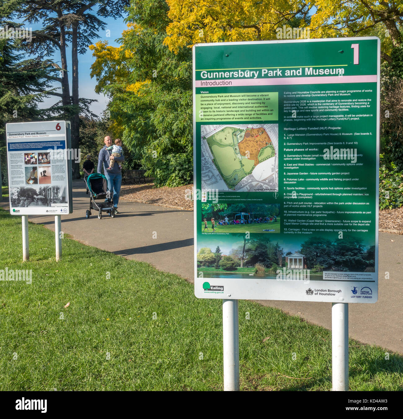 Notice boards in Gunnersbury Park, explaining about a major programme ...