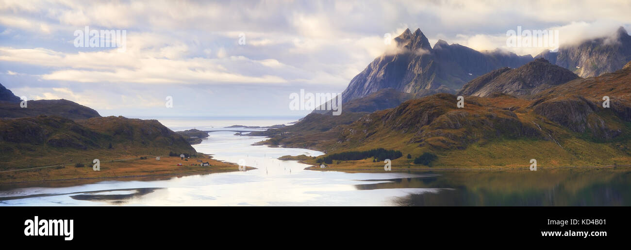 Strait from fjord to sea between rocks in the Lofoten islands ...