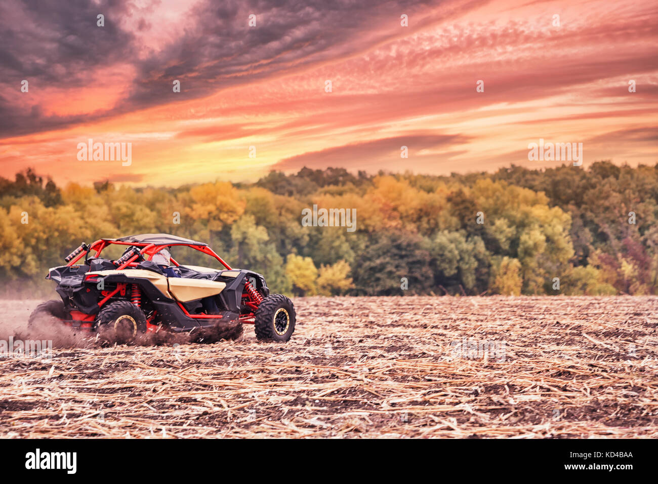 Racing quad bike in a field under a dramatic sunset sky. The concept of ...