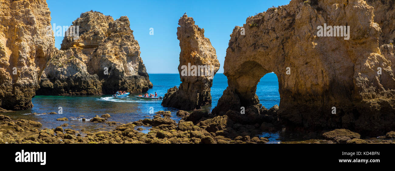 A panorama view of the beautiful grottos at Ponta da Piedade in Lagos ...