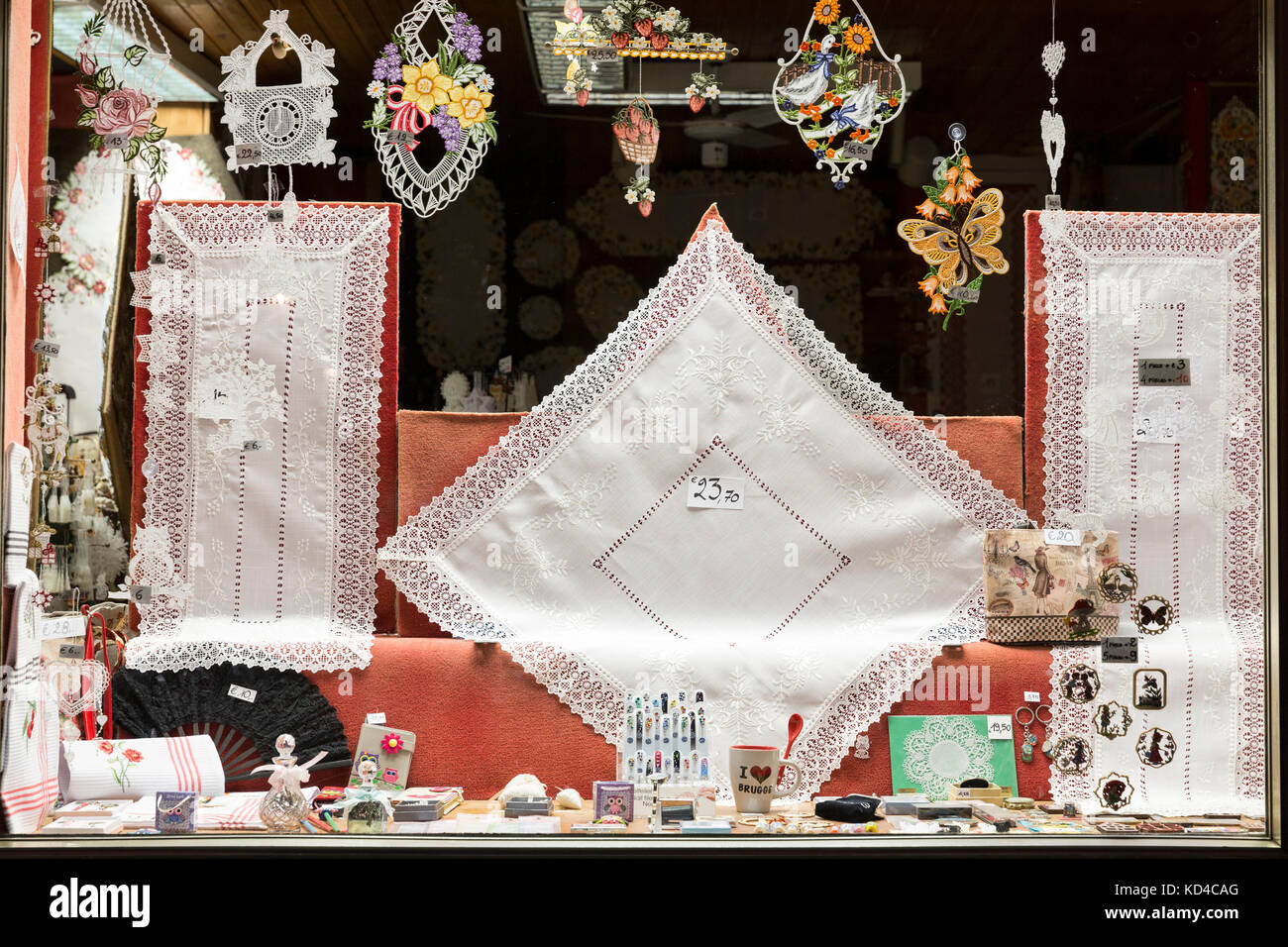 Shop window of traditional lace and linen gifts and souvenirs in shop ...