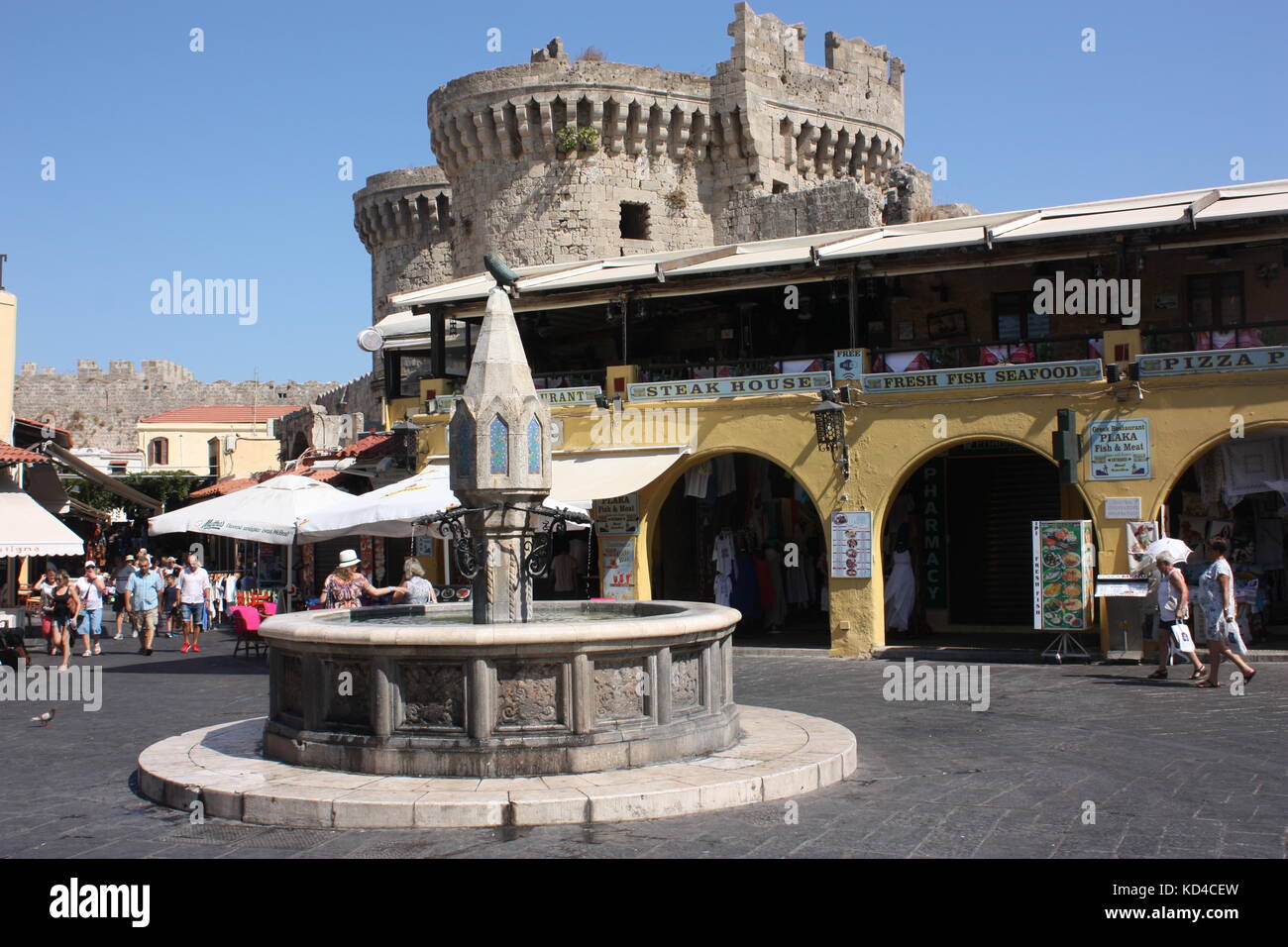 Hippocrates Square With Fountain in the Old Town of Rhodes Stock Photo ...