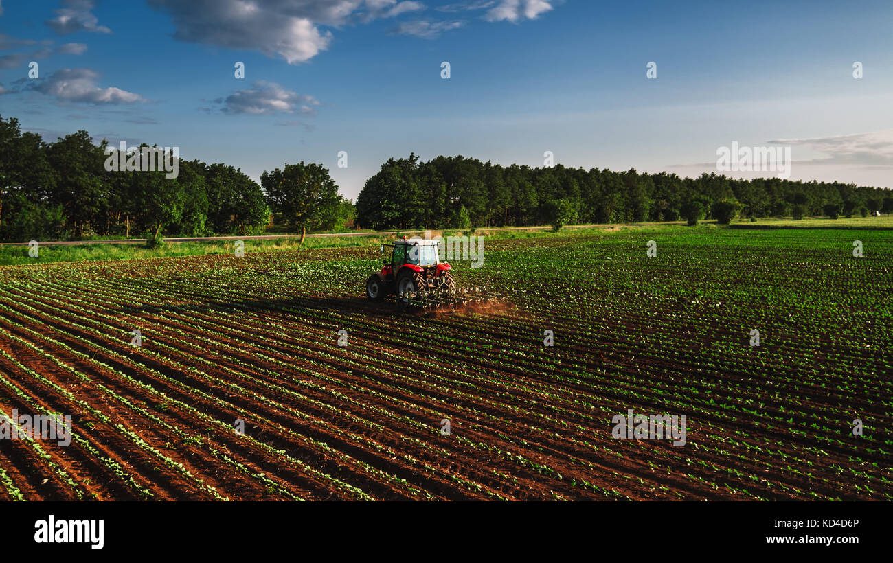 Tractor cultivating field at spring,aerial view Stock Photo - Alamy