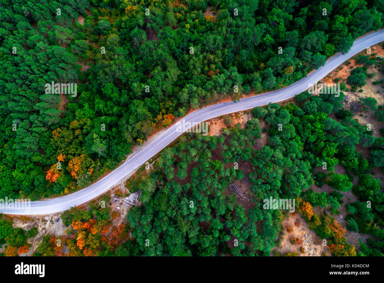 Aerial view of drone over mountain road going through forest landscape ...