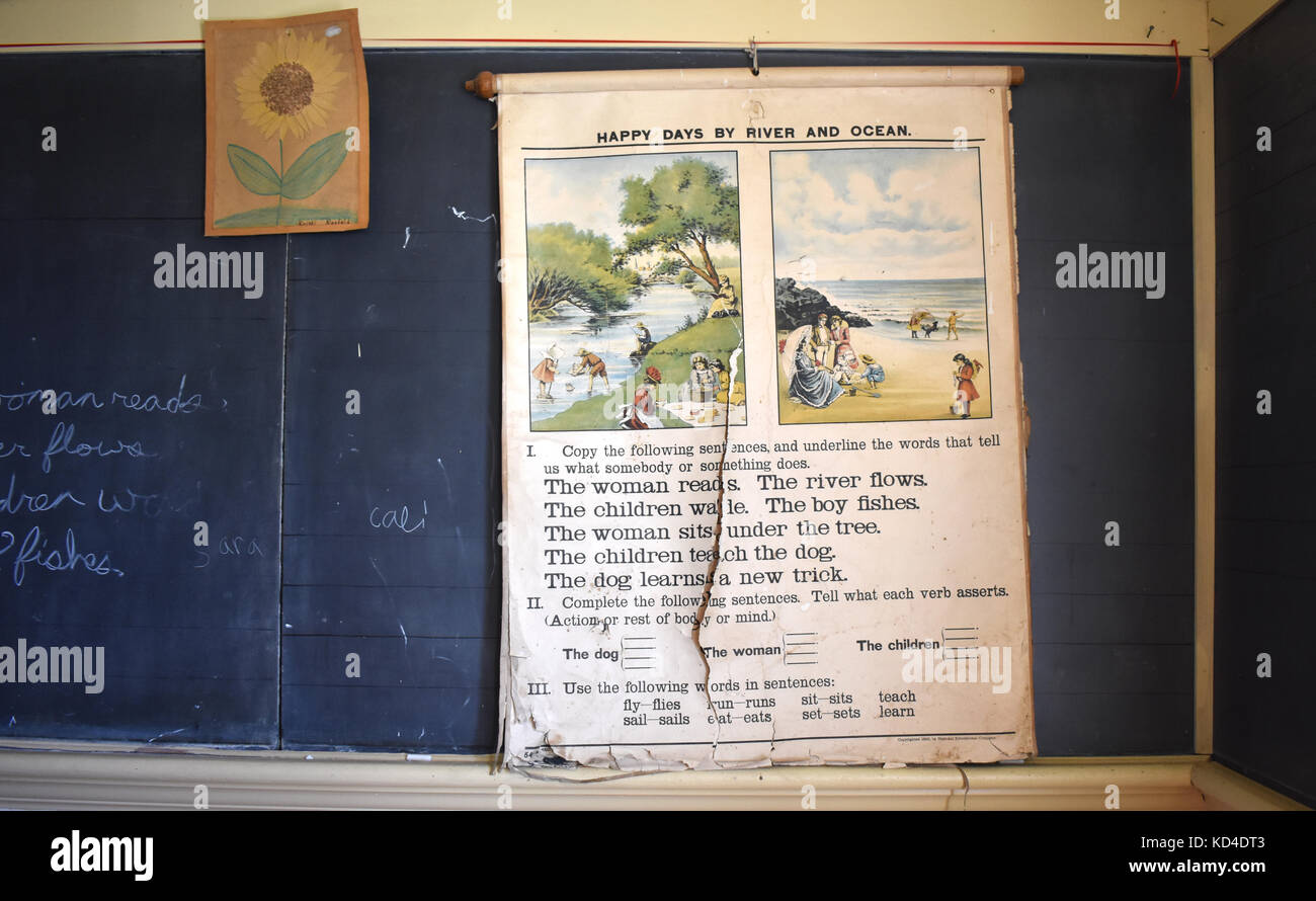 Vintage Chart with Children's lessons on a blackboard in a One Room ...