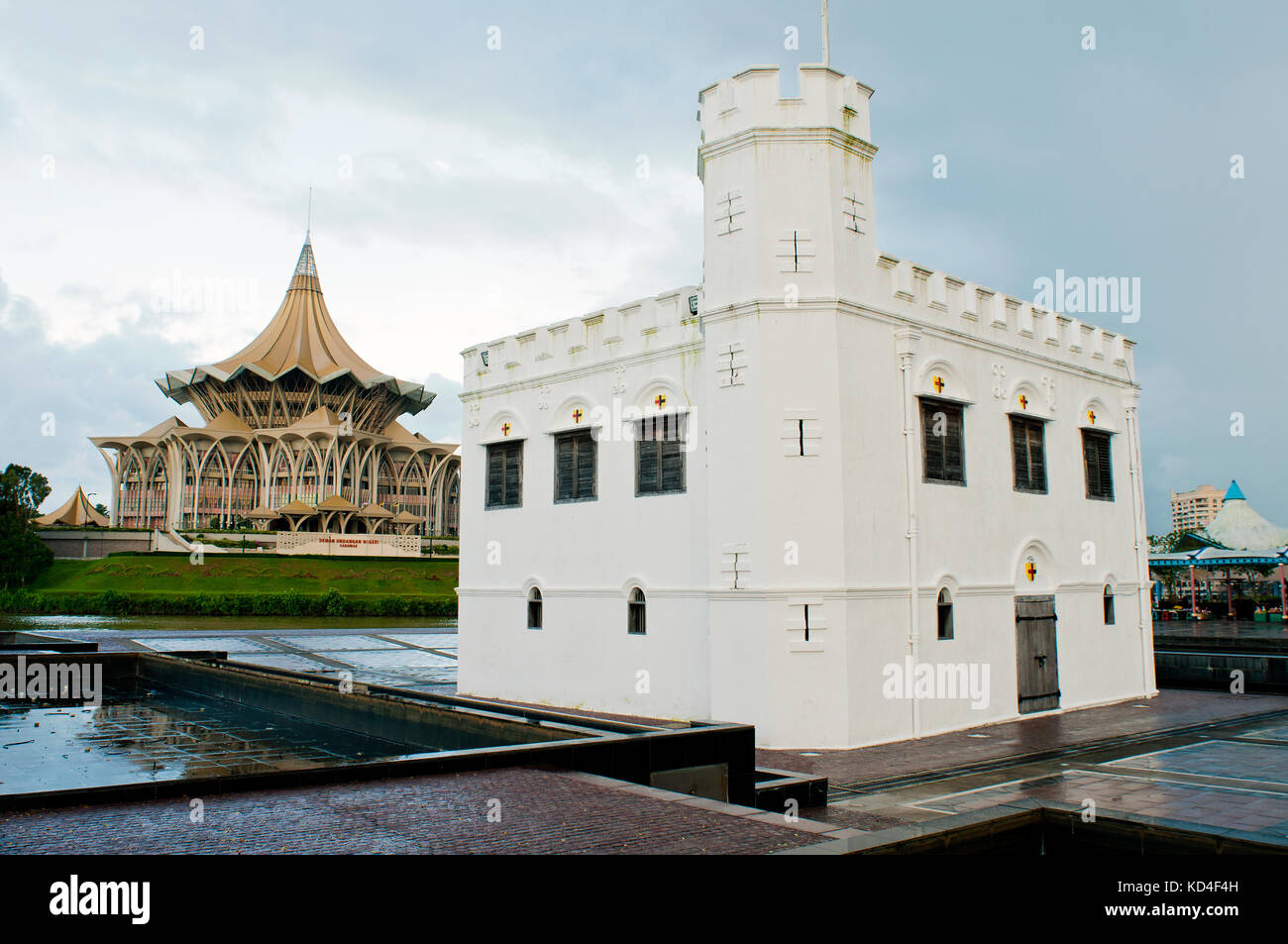square tower and parliament building, Kuching, Sarawak, Malaysia Stock ...