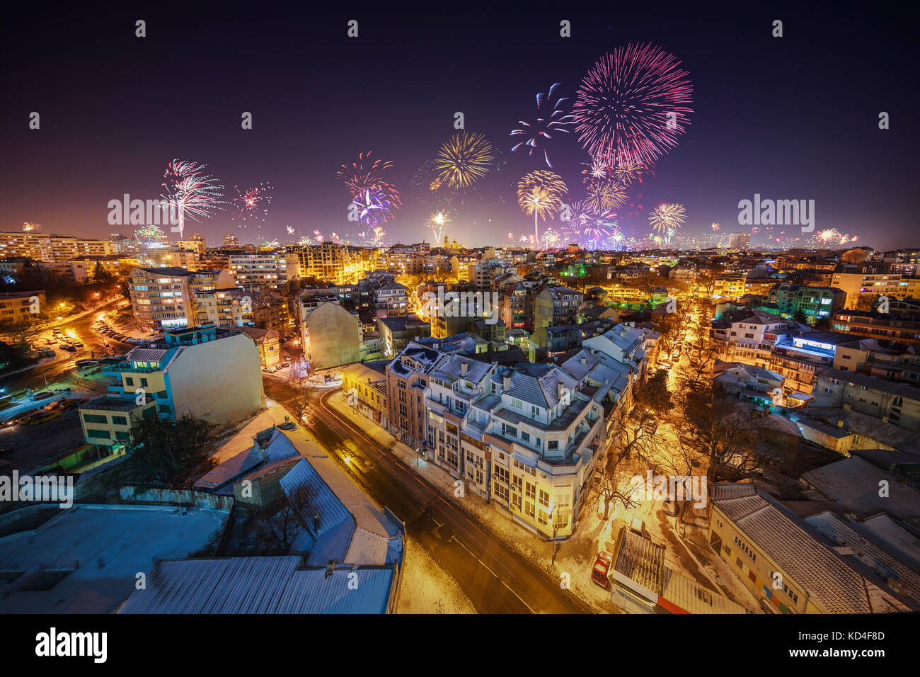 Downtown Varna cityscape with many flashing fireworks celebrating New ...