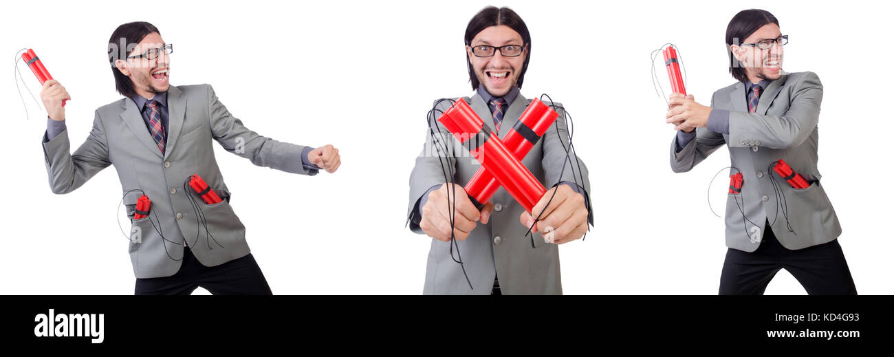 Young businessman holding dynamite isolated on white Stock Photo - Alamy