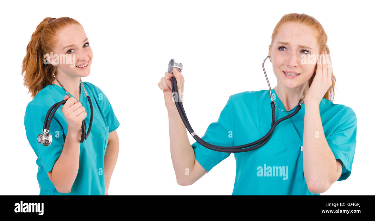 Young medical trainee with stethoscope isolated on white Stock Photo ...