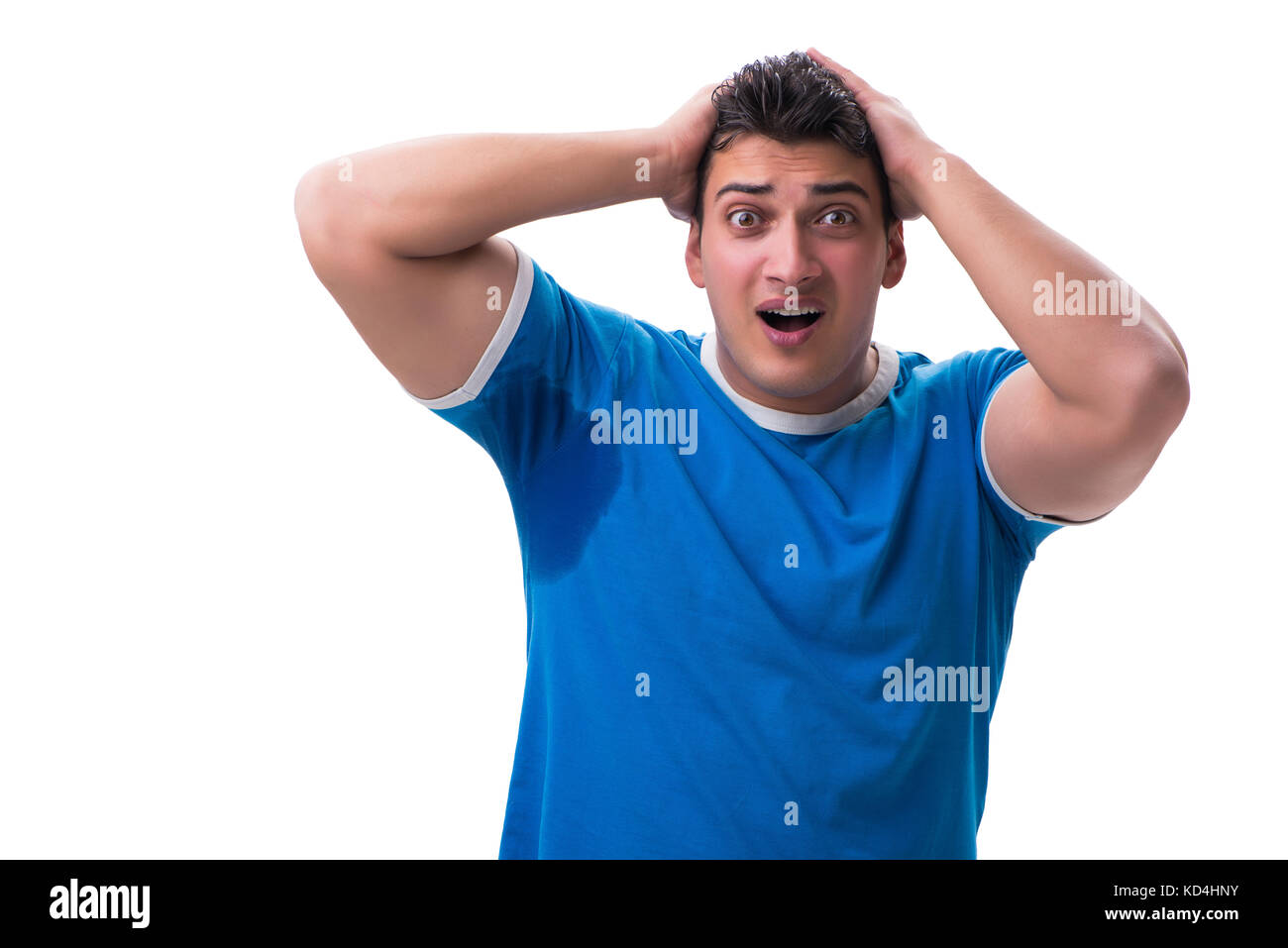 Man sweating excessively smelling bad isolated on white background ...