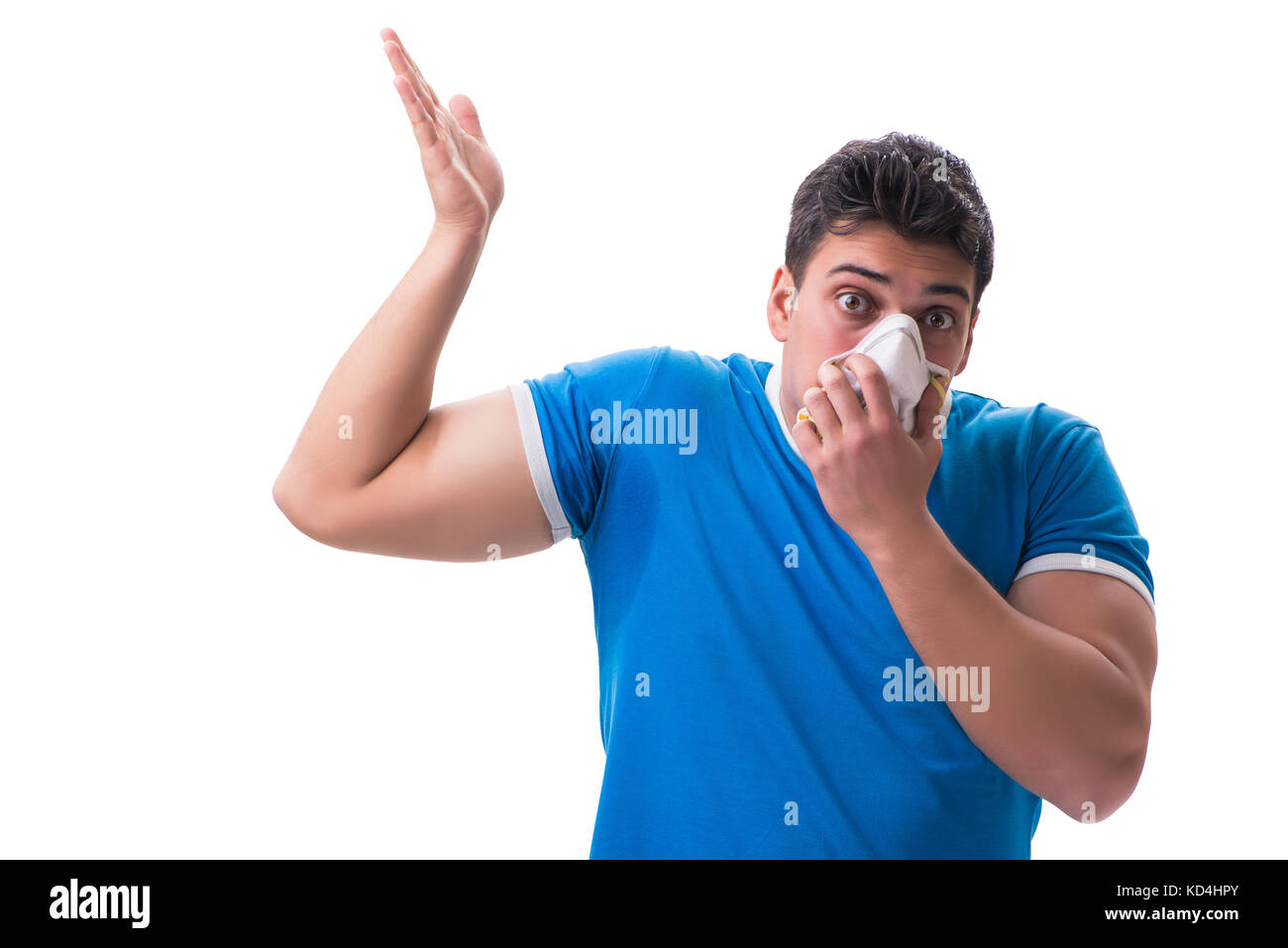 Man sweating excessively smelling bad isolated on white background ...