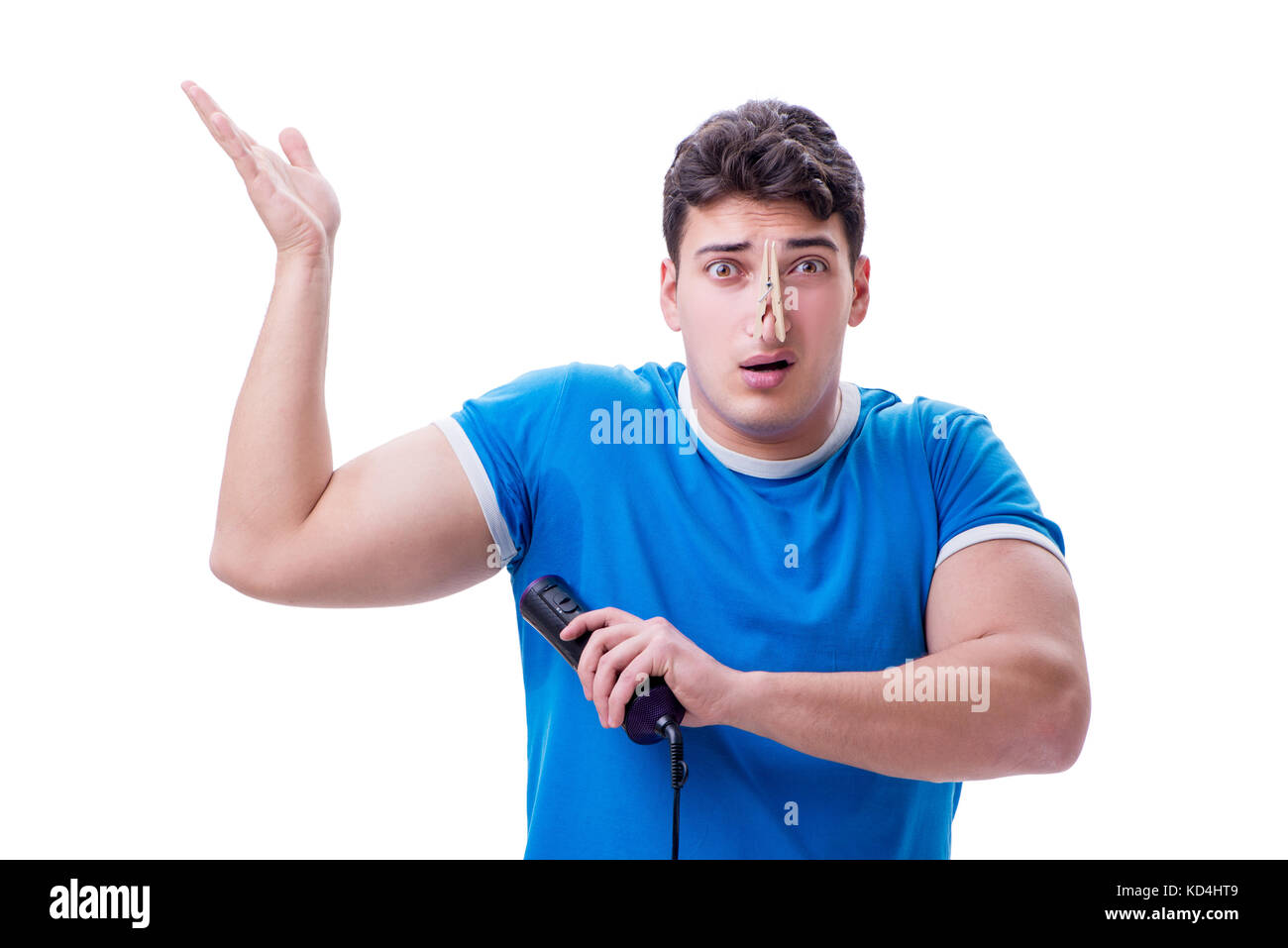 Man sweating excessively smelling bad isolated on white background ...