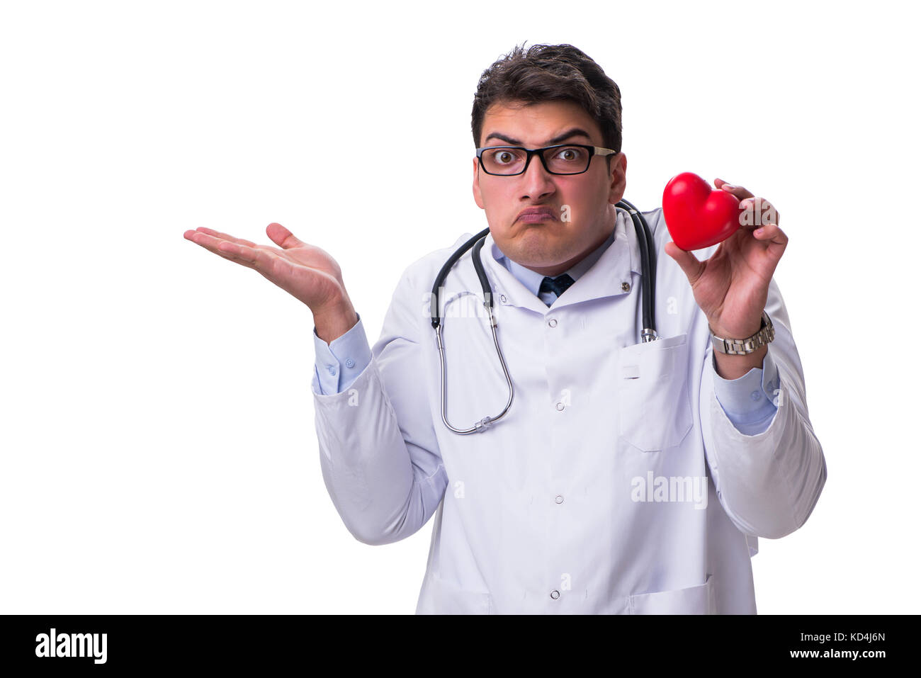 Young male cardiologist doctor holding a heart isolated on white ...