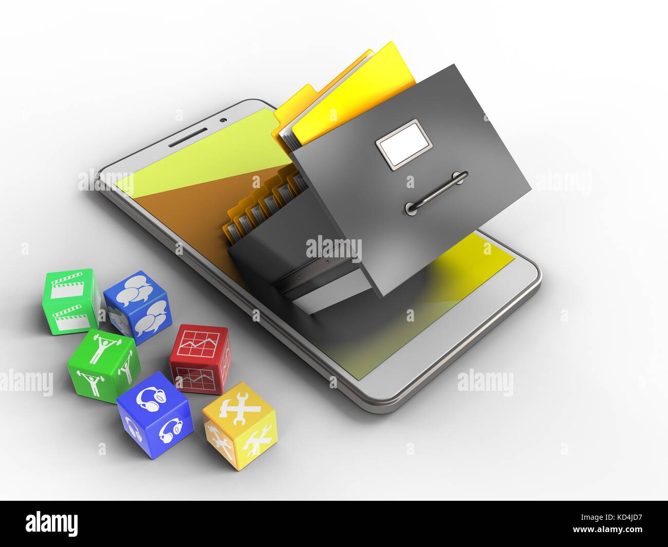 3d illustration of white phone over white background with cubes and ...