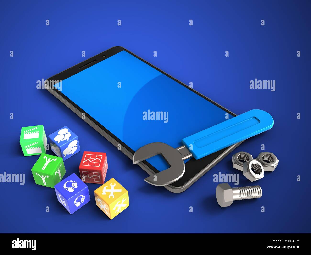 3d illustration of mobile phone over blue background with cubes and ...