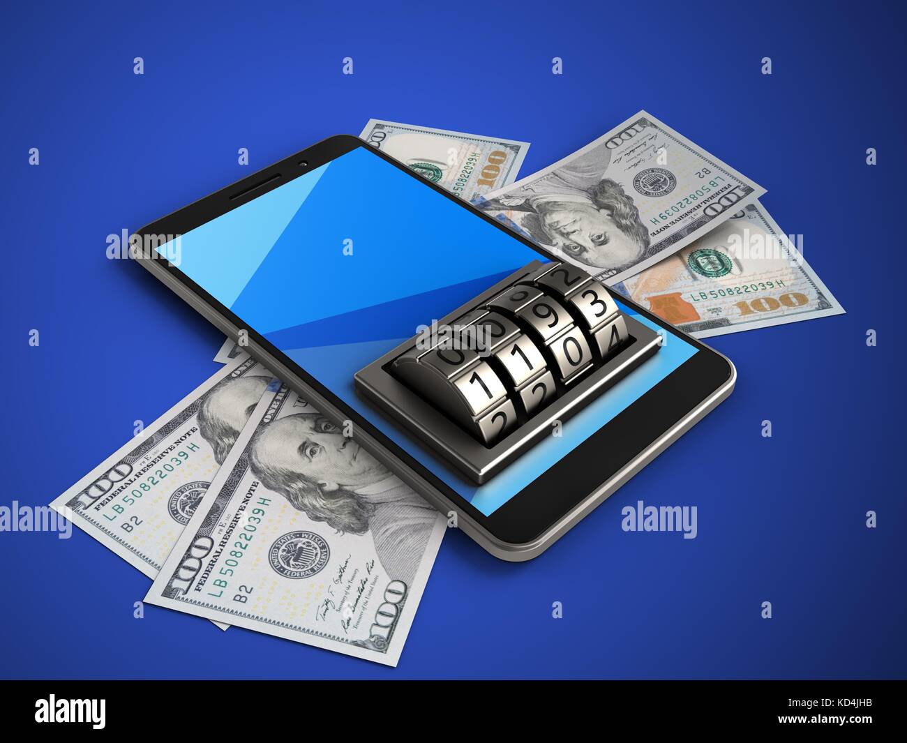 3d illustration of mobile phone over blue background with banknotes and ...