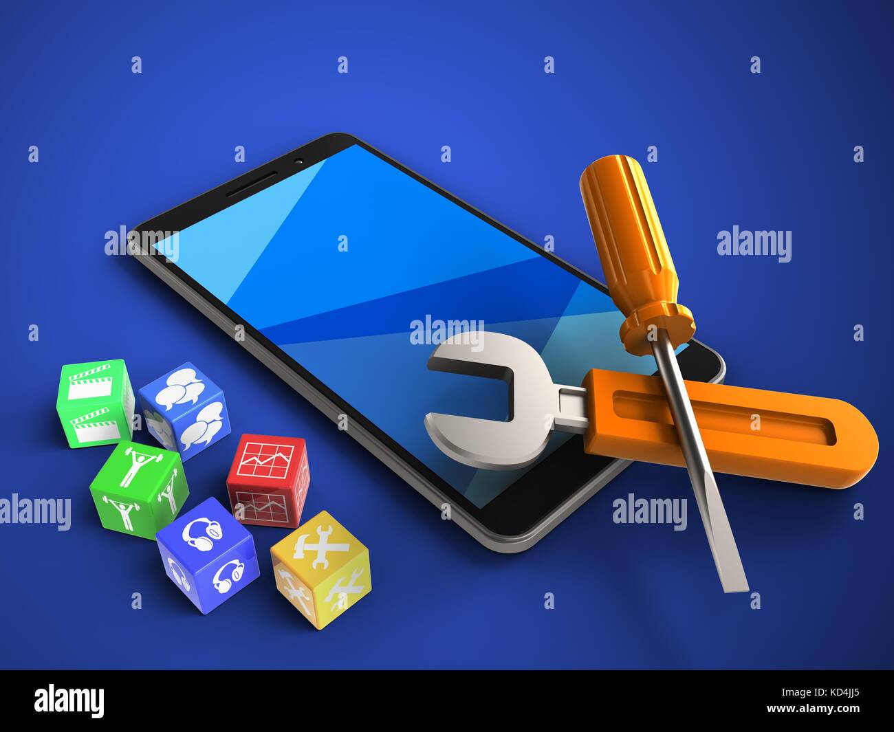 3d illustration of mobile phone over blue background with cubes and ...