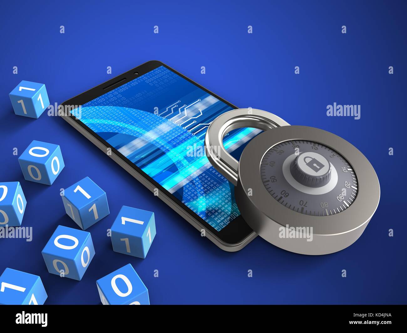 3d illustration of mobile phone over blue background with binary cubes and lock Stock Photo - Alamy