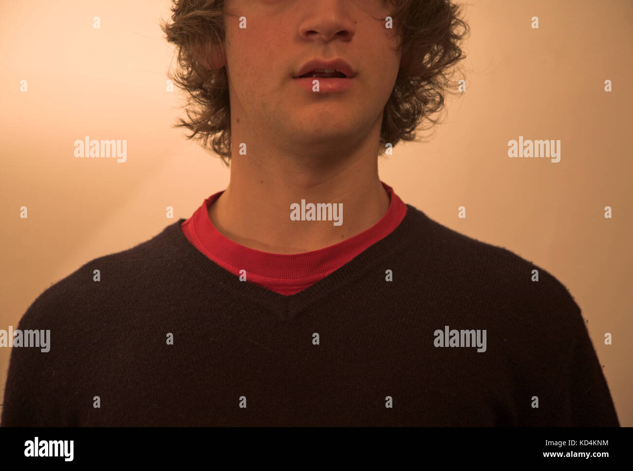 Cut off head portrait Caucasian young man showing upper body shoulders ...