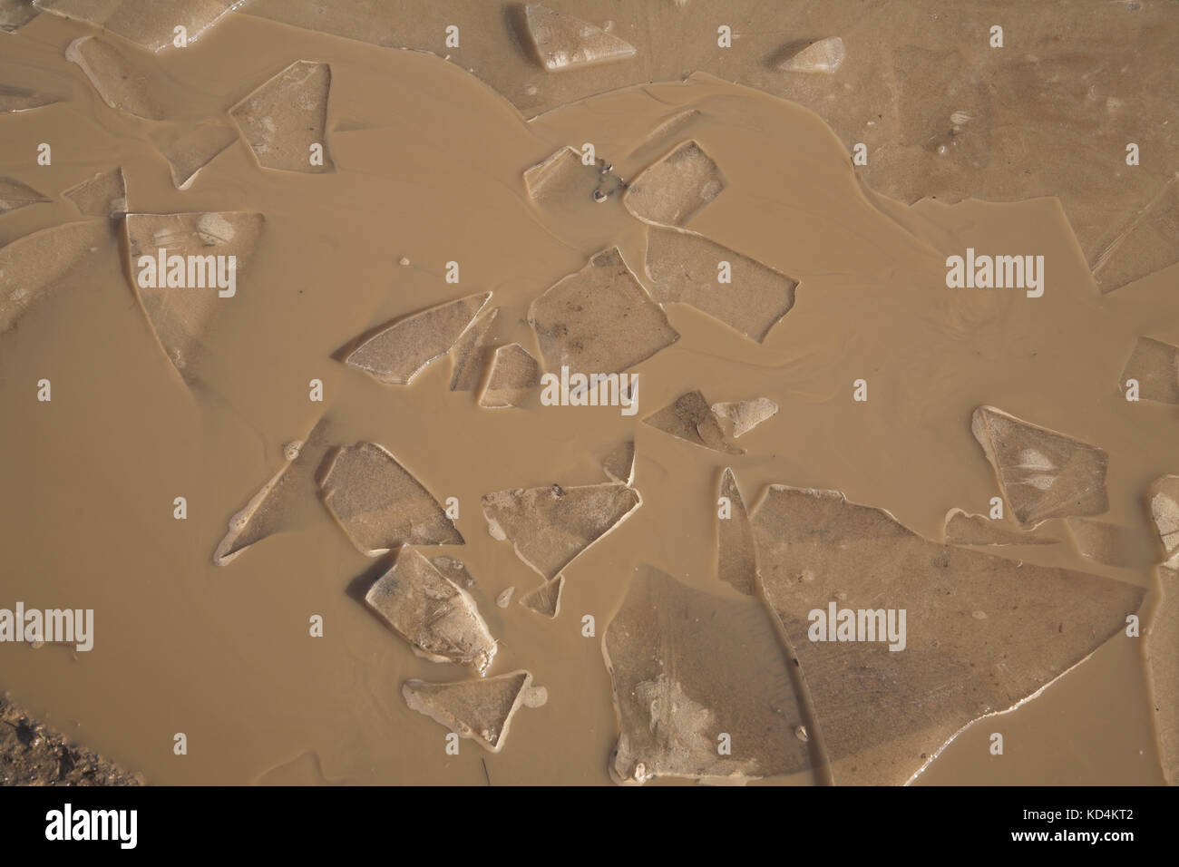 Broken shattered ice fragments in muddy pool of water viewed from above ...