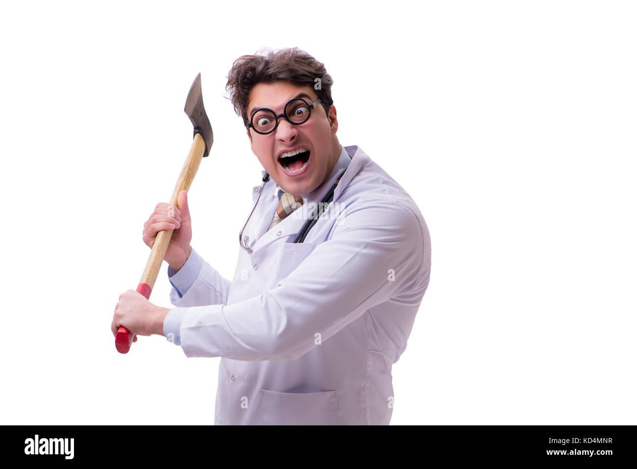 Funny doctor with axe isolated on white Stock Photo - Alamy