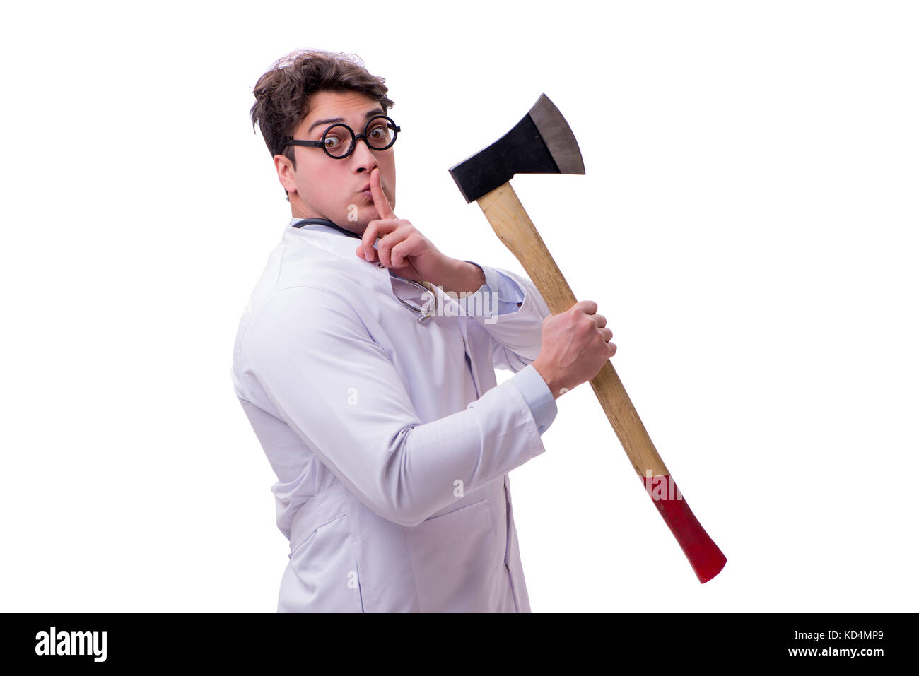 Funny doctor with axe isolated on white Stock Photo - Alamy