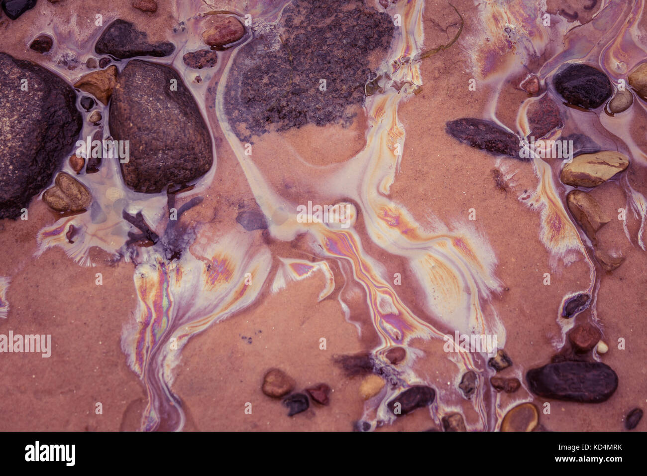 Colorful patterns of oil in the beach sand. Pollution patterns on the ...