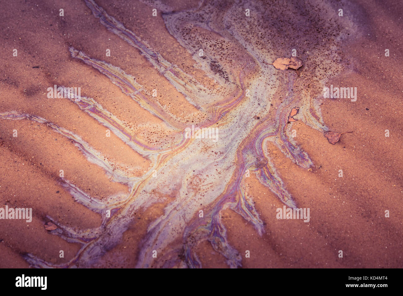 Colorful patterns of oil in the beach sand. Pollution patterns on the ...