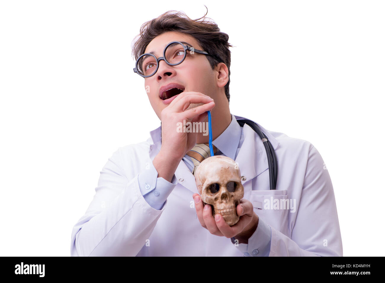 Funny doctor with skull isolated on white Stock Photo - Alamy